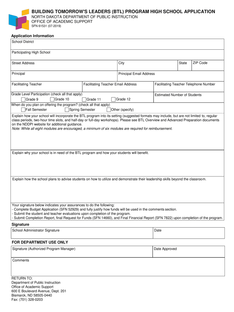 Fillable Online building tomorrow's leaders (btl) program high school ...