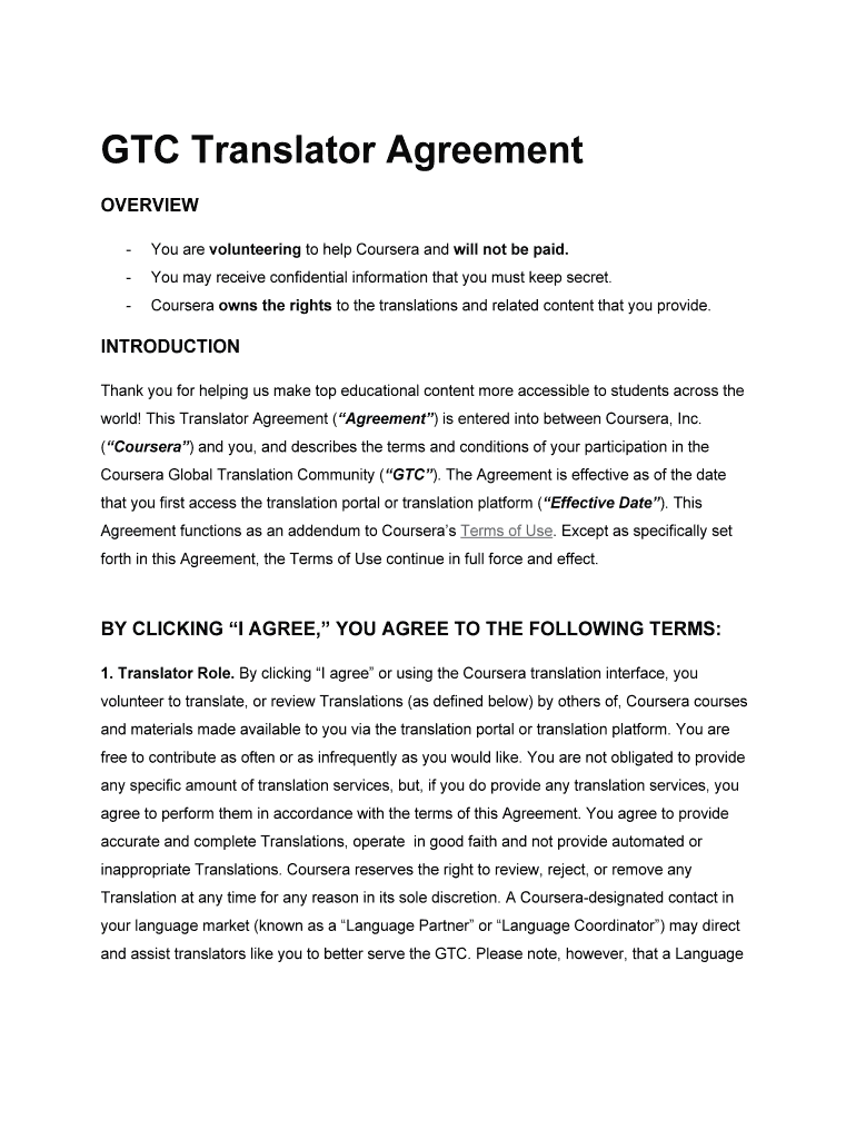 Fillable Online GTC Translator Agreement - Coursera Fax Email Print ...