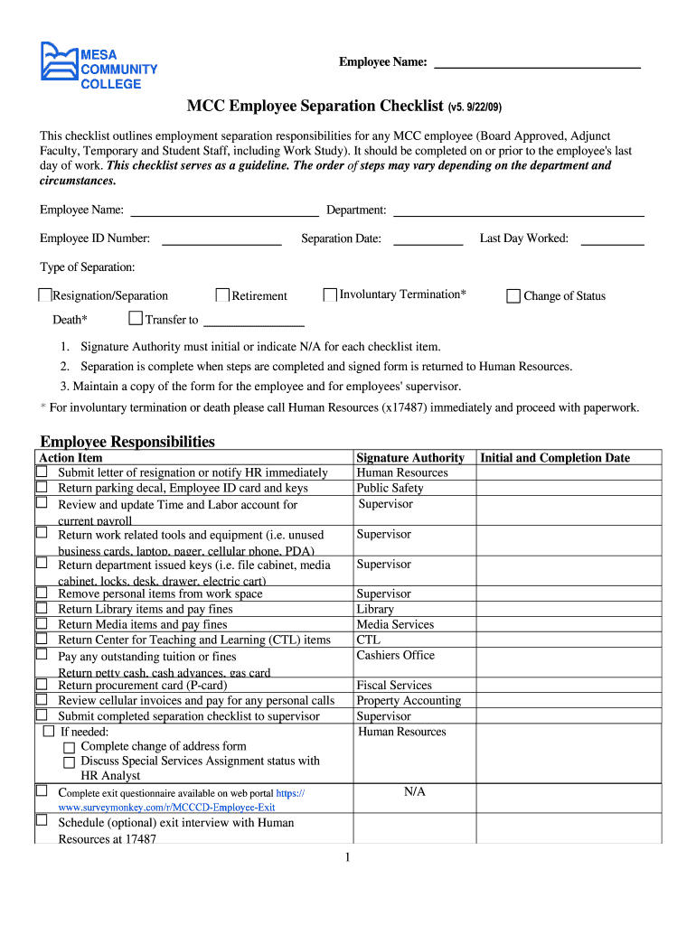 Fillable Online Employee Separation Checklist - Mesa Community College ...