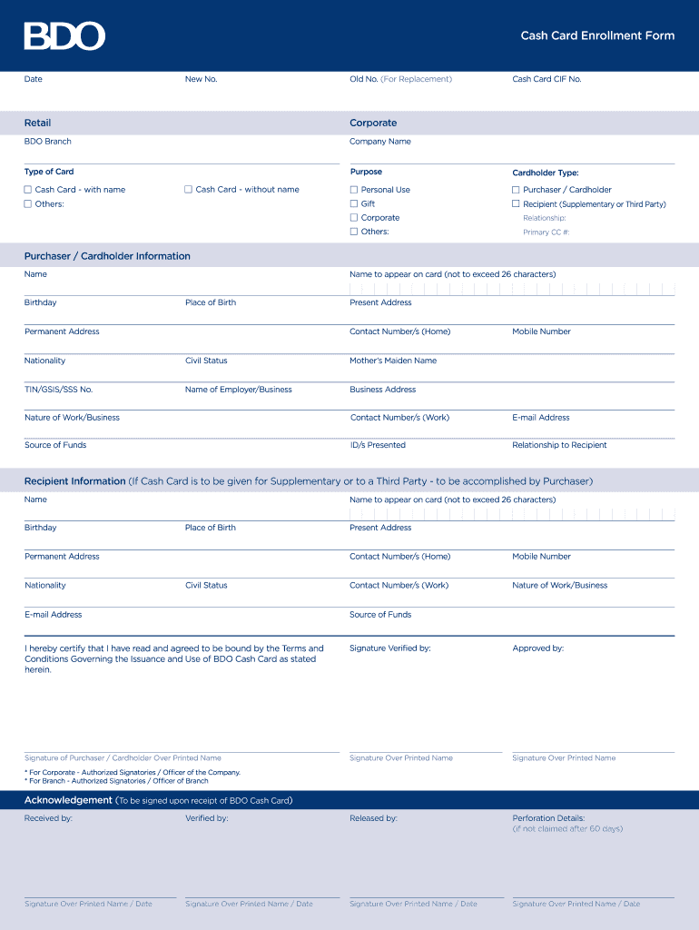 Bdo Cash Card Enrollment Form Pdf Fill And Sign Printable Template