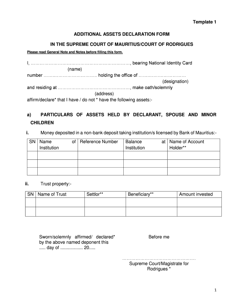 Fillable Online Template 1 ADDITIONAL ASSETS DECLARATION FORM IN THE ...