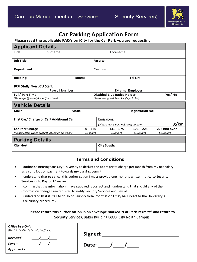 Fillable Online Car Parking Application Form - Birmingham City ...