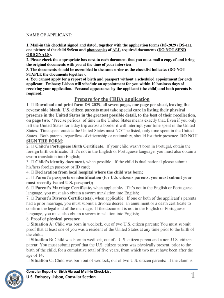 Fillable Online Prepare for the CRBA application - US Embassy and ...