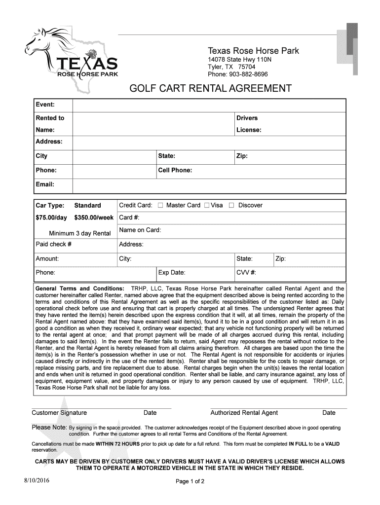 Fillable Online GOLF CART RENTAL AGREEMENT - texasrosehorsepark.com Fax ...