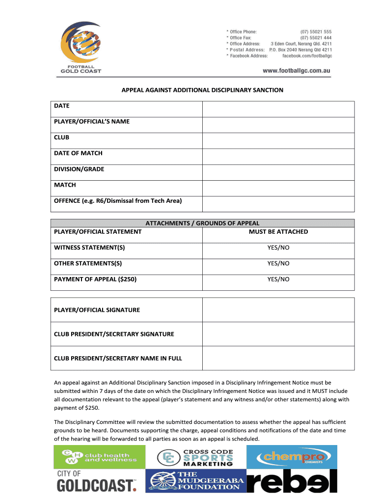 Fillable Online Appeal Against Additional Disciplinary Sanction Form ...