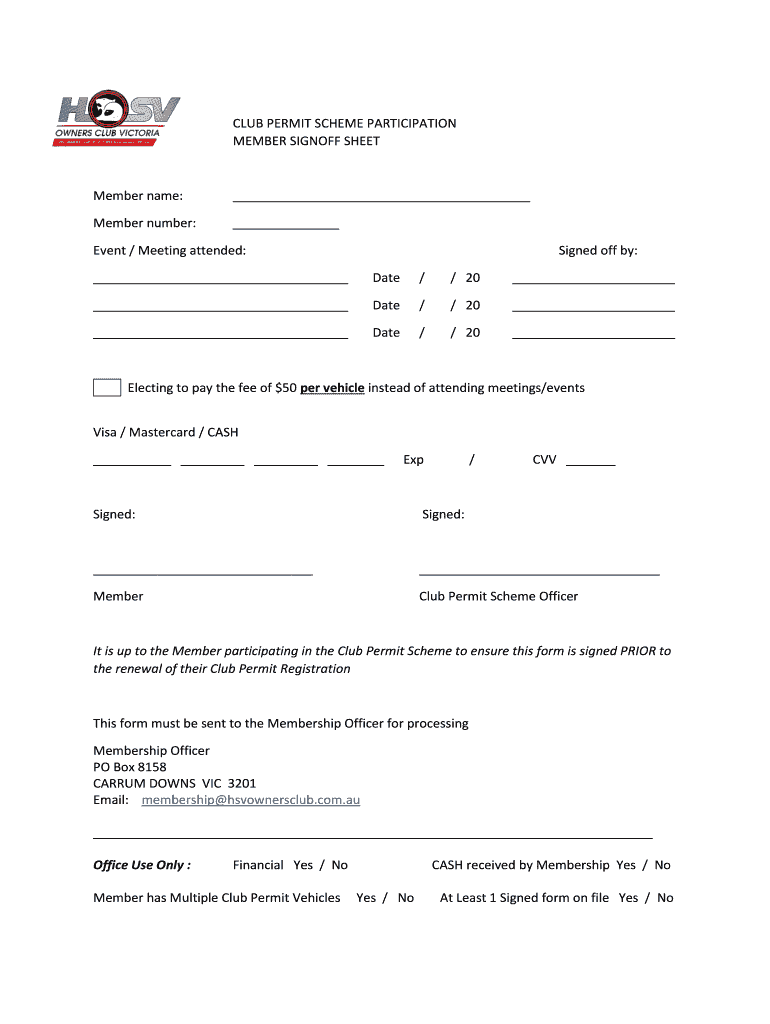 Fillable Online CLUB PERMIT SCHEME PARTICIPATION MEMBER SIGNOFF SHEET ...