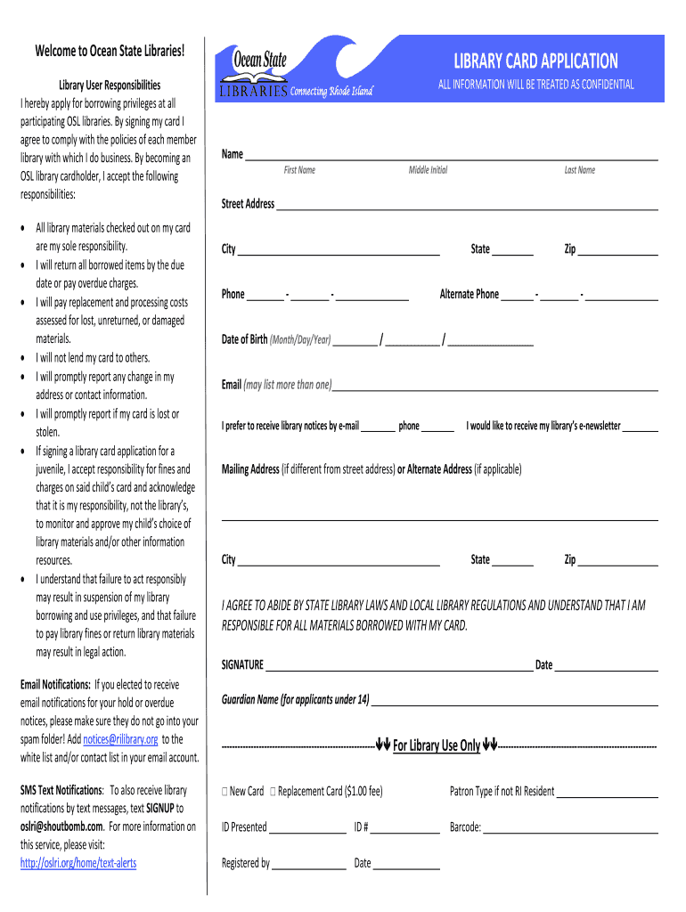 Fillable Online library card application - Newport Public Library Fax ...