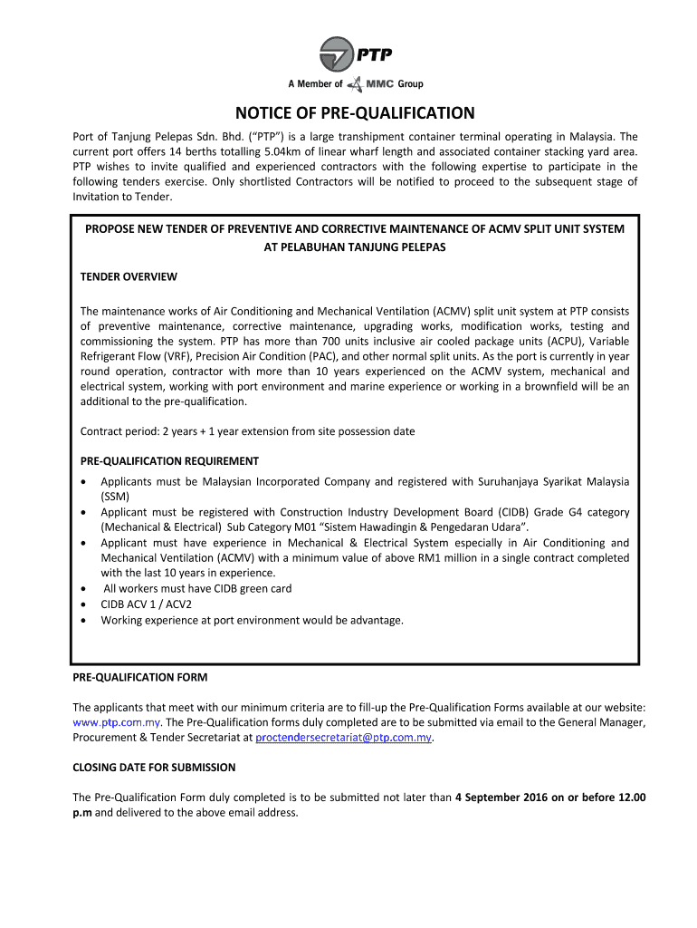 Fillable Online Fillable Online NOTICE OF PRE-QUALIFICATION Fax Email ...