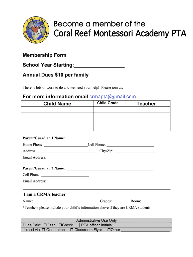 Fillable Online Membership Form School Year Starting: Annual Dues $10 ...