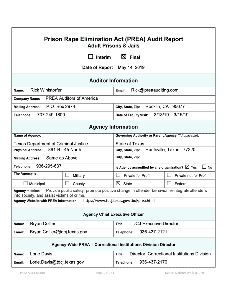 Fillable Online Prison Rape Elimination Act (PREA) Audit Report ...