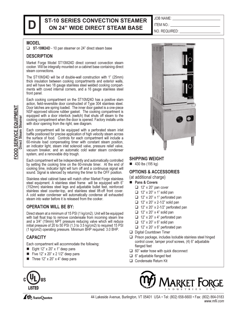 Fillable Online ST-10 SERIES CONVECTION STEAMER JOB NAME: D ON 24 Fax ...