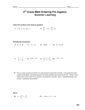 Fillable Online 6th Grade Math Entering Pre-Algebra: Summer Learning ...