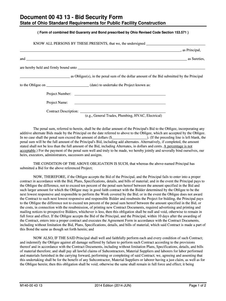 Ohio Bid Security Form - Blank Fillable Template | Fill Out, Print ...