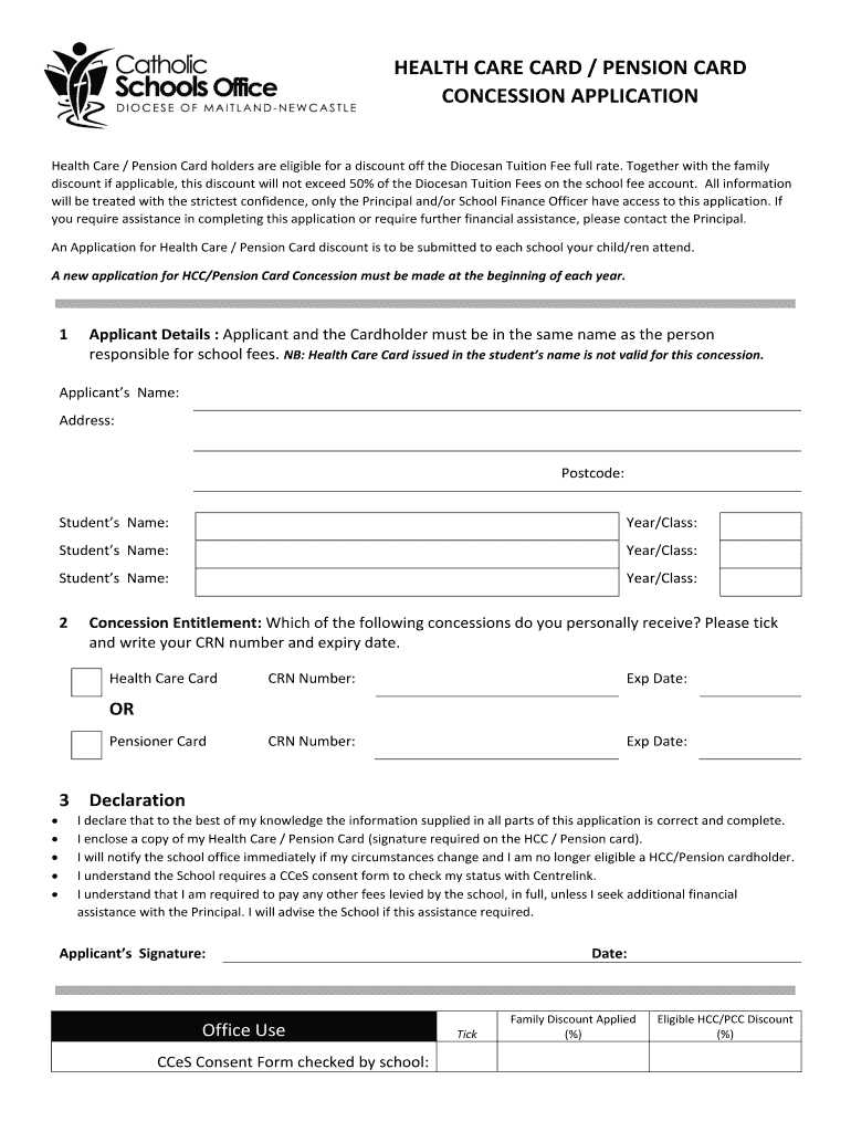 Fillable Online HEALTH CARE CARD / PENSION CARD CONCESSION APPLICATION ...