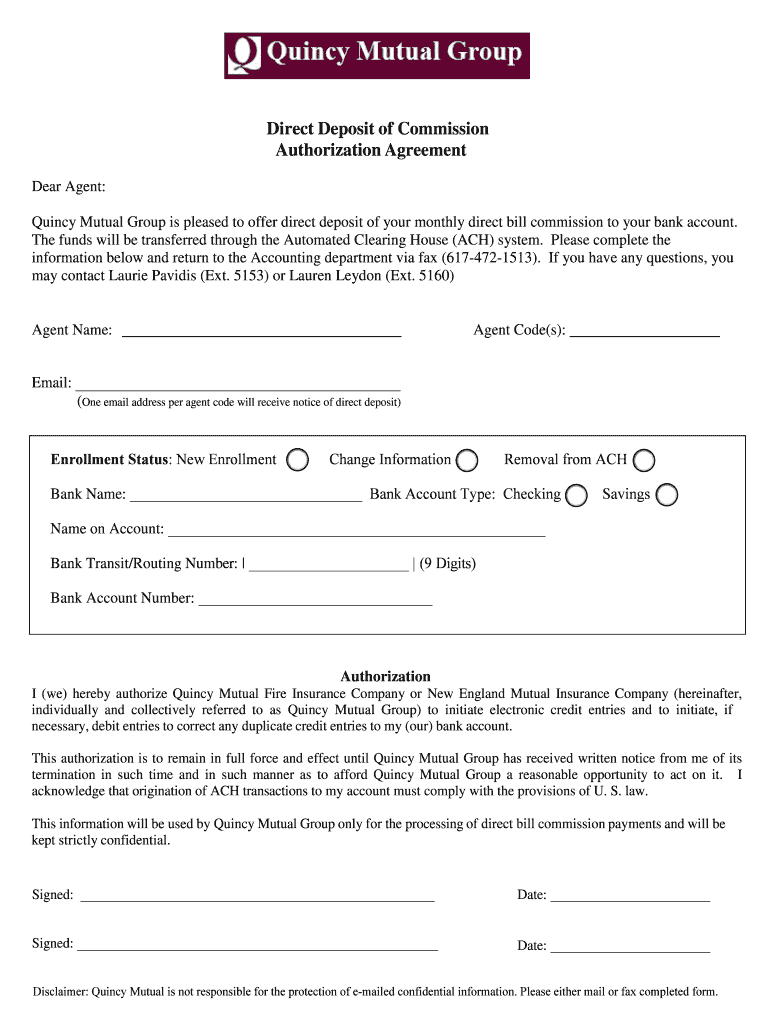 Fillable Online Direct Deposit of Commission Authorization Agreement ...