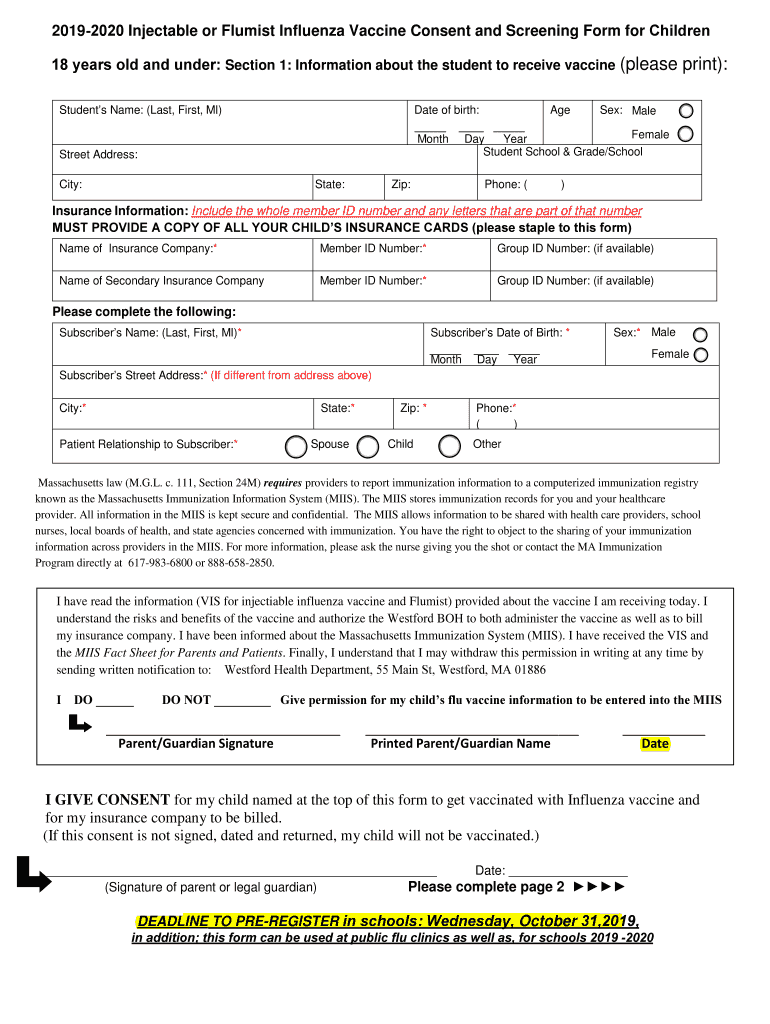Fillable Online 2019-2020 Injectable or Influenza Vaccine Consent and ...