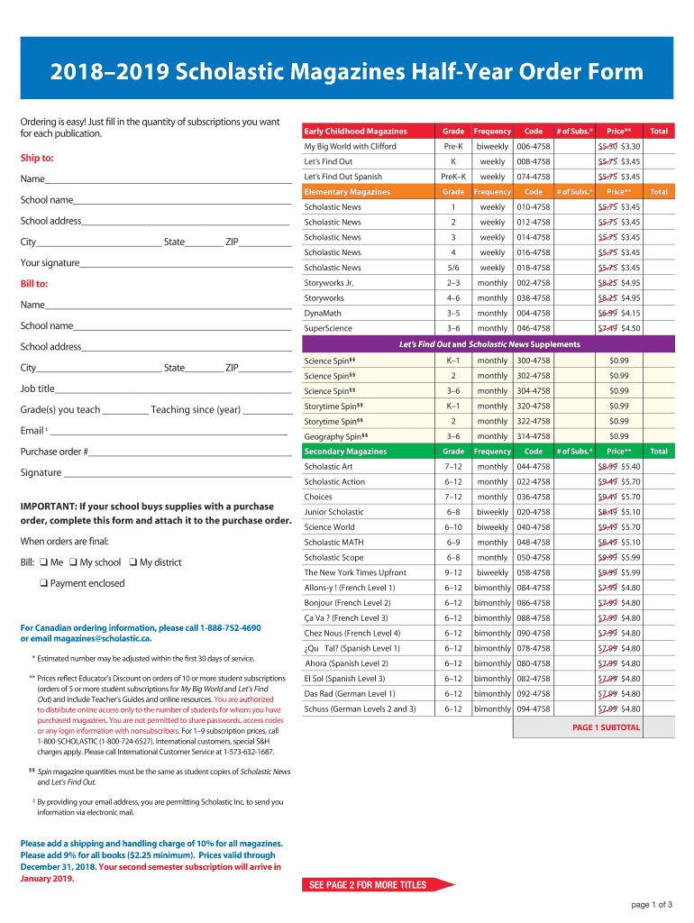 Fillable Online 20182019 Scholastic Magazines Half-Year Order Form Fax Email Print - pdfFiller