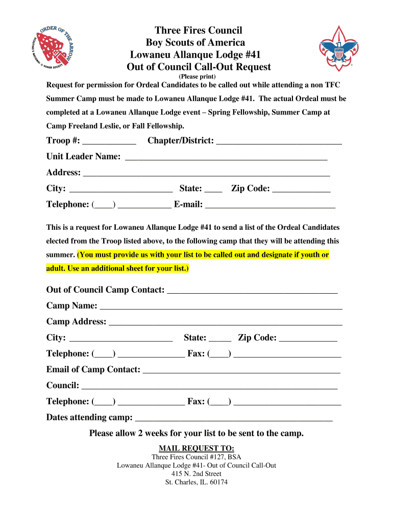 Fillable Online 2019 Out of Council - Call Out Form - Lowaneu Allanque ...