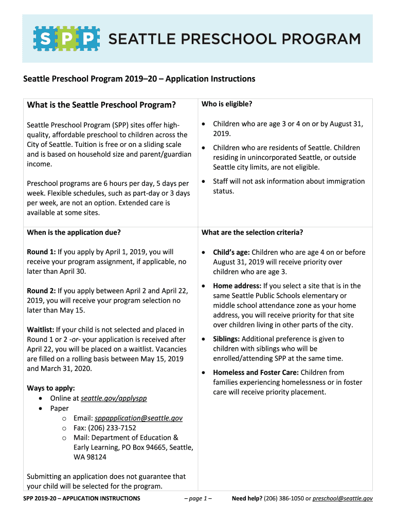 Fillable Online Seattle Preschool Program 201920Application Instructions ... Fax Email Print ...