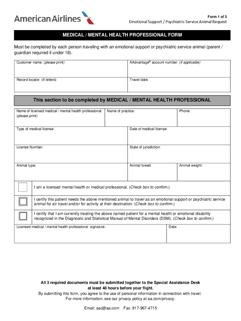 American Airlines Emotional Support Psychiatric Service Animal Re 