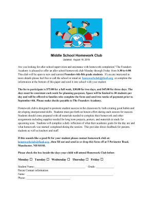 Fillable Online Middle School Homework Club - The Founders Academy Fax ...