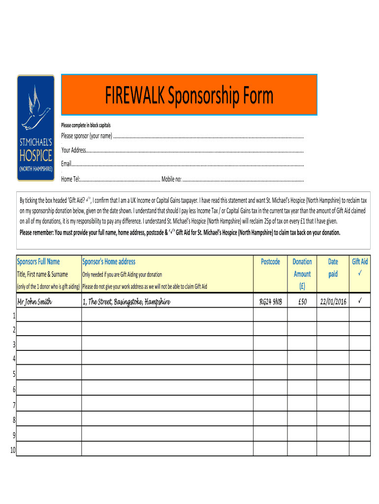 Fillable Online FIREWALK Sponsorship Form - stmichaelshospice.org.uk ...