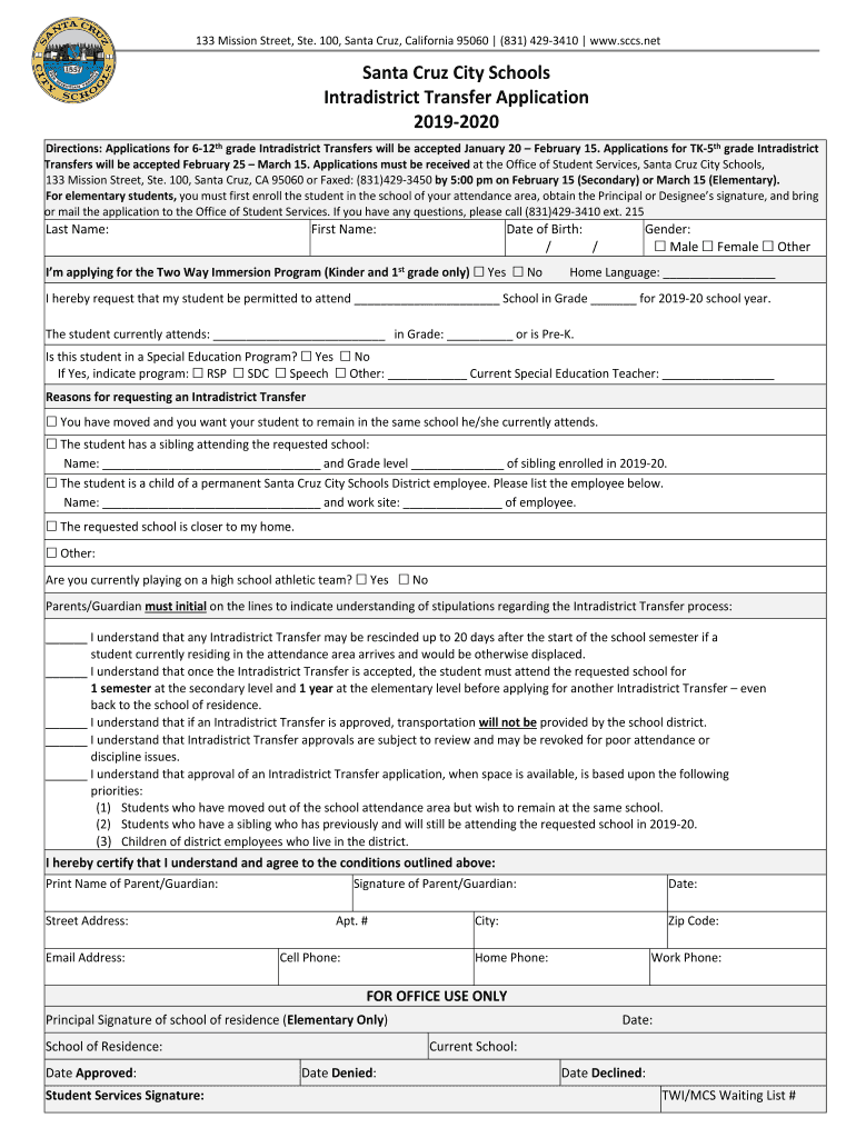 Fillable Online Santa Cruz City Schools Intradistrict Transfer ...