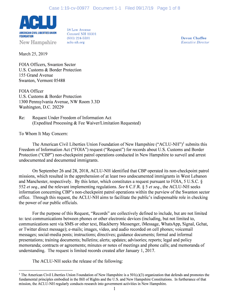 Fillable Online FOIA - Request - CBP non-checkpoint operations in NH ...