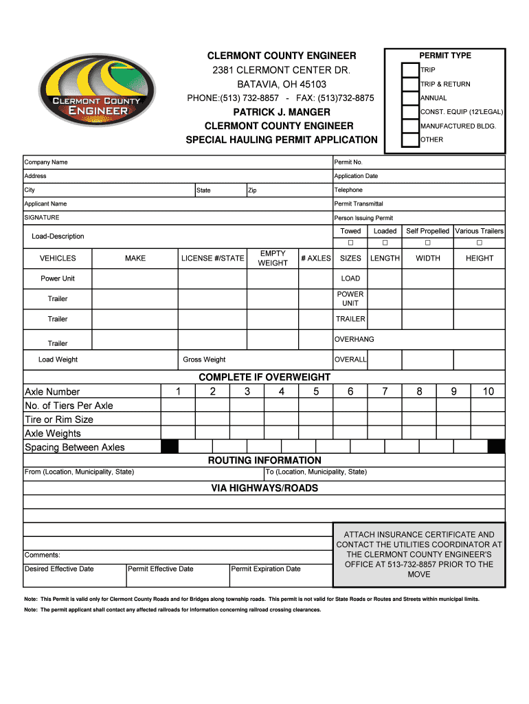 Fillable Online Special Hauling Permit Application - Clermont County ...