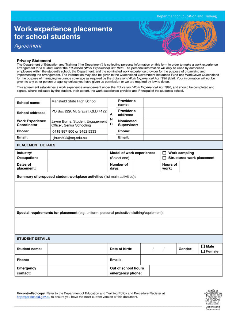 Fillable Online mansfieldshs eq edu Work experience agreement form. Work experience agreement ...
