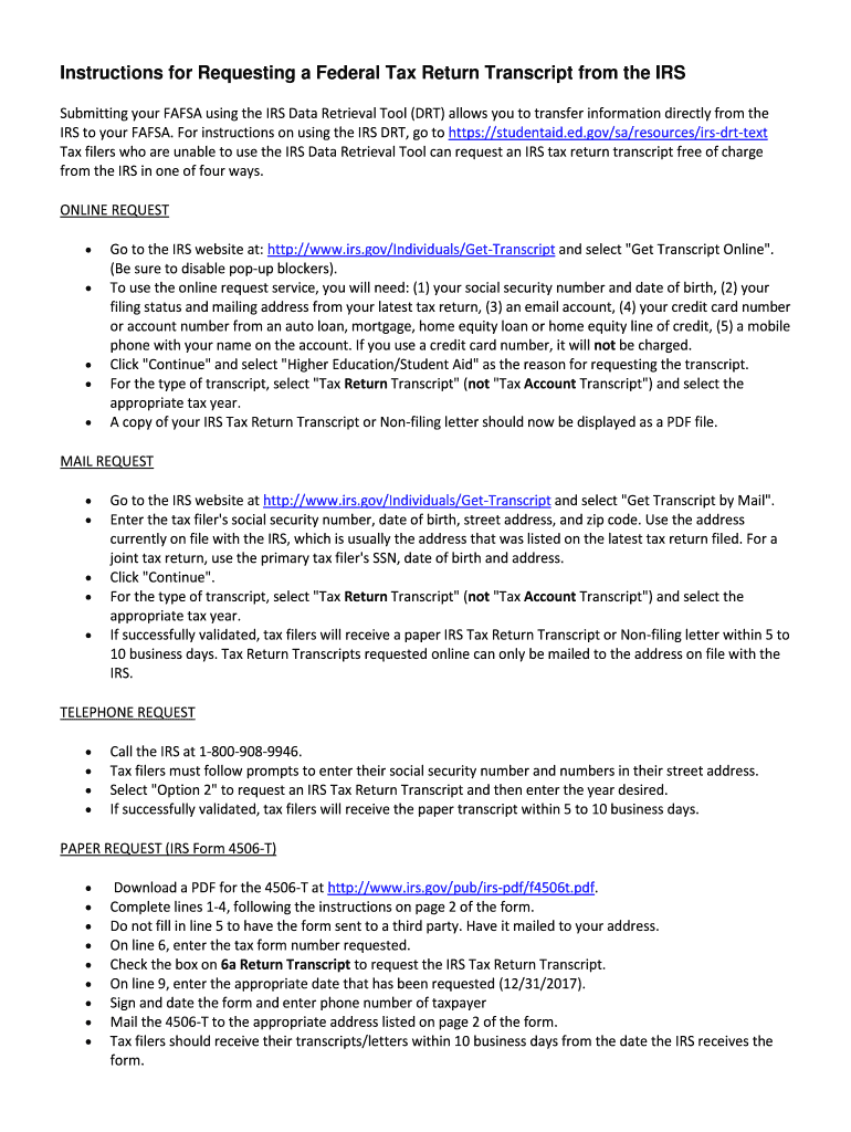 Fillable Online Instructions for Requesting a Federal Tax Return ...