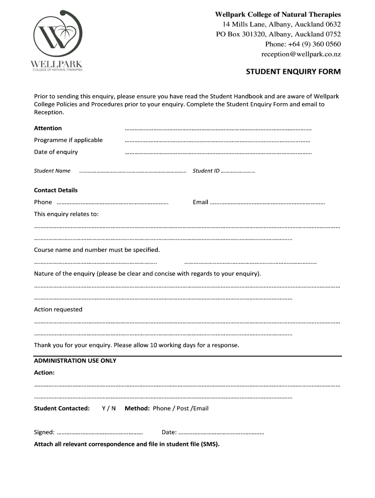 Fillable Online wellpark co STUDENT ENQUIRY FORM - wellpark.co.nz Fax ...