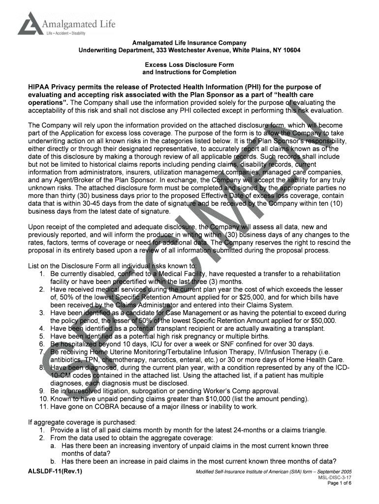 Fillable Online Amalgamated Life Insurance Company Excess Loss ...
