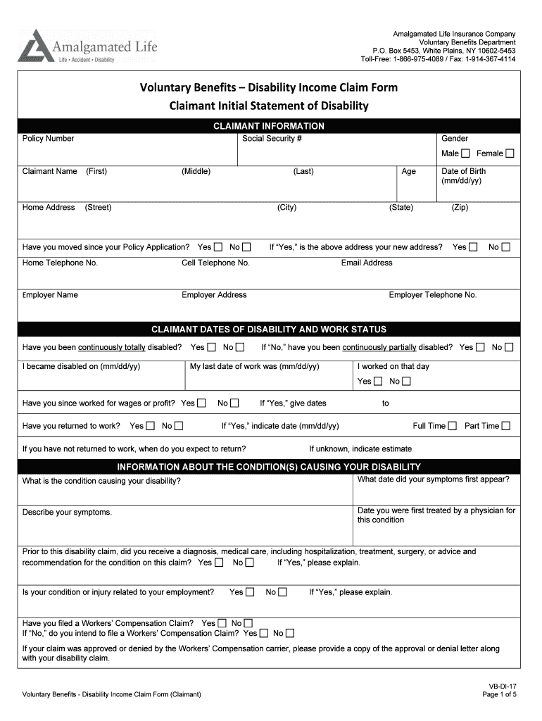 Fillable Online Disability Income Claim Forms - Amalgamated Life Fax ...