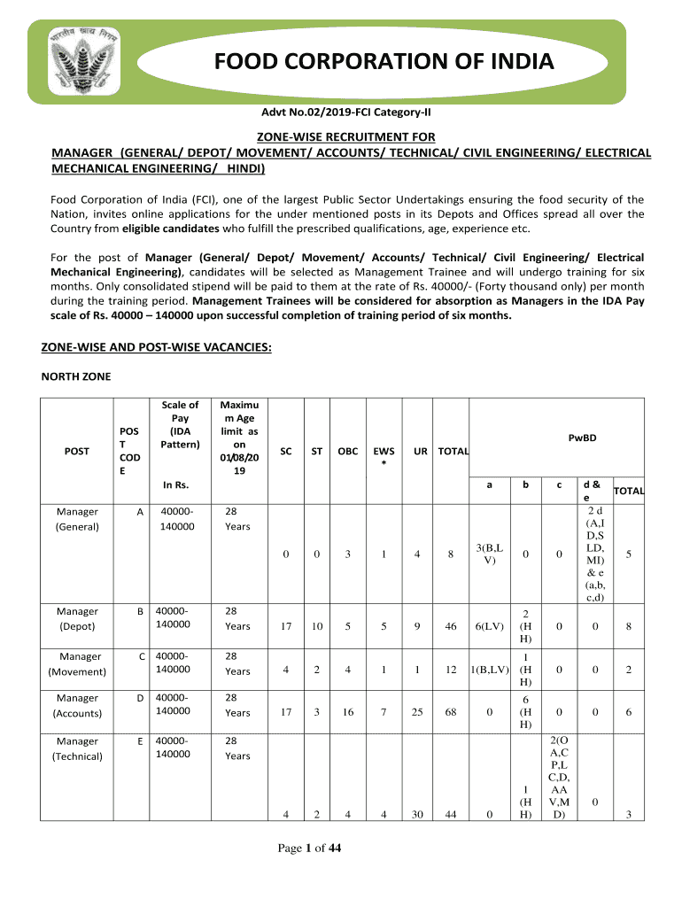 Fillable Online Food Corporation of India FCI Management Trainee ...