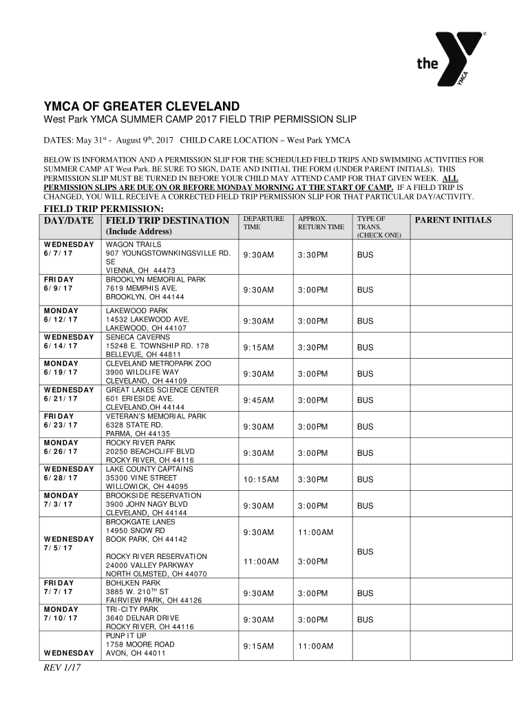 Fillable Online West Park YMCA SUMMER CAMP 2017 FIELD TRIP PERMISSION ...