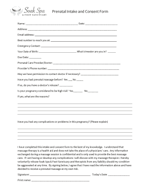 Fillable Online Prenatal Intake and Consent Form - soakspashop.com Fax ...