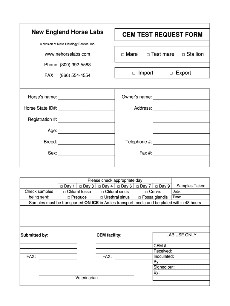Fillable Online New England Horse Labs CEM TEST REQUEST FORM Fax Email ...
