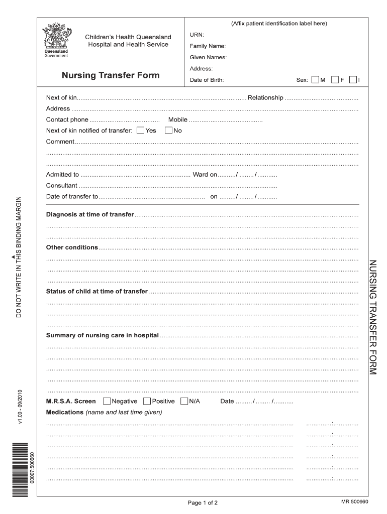 Fillable Online Nursing Transfer Form. MR 500660 Nursing Transfer Fax ...