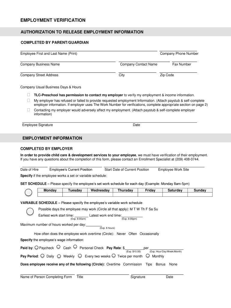 Fillable Online EMPLOYMENT VERIFICATION AUTHORIZATION TO ... Fax Email ...