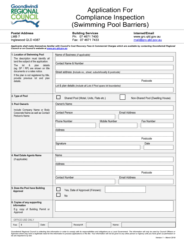 Fillable Online Application for Compliance Inspection - Swimming Pools ...