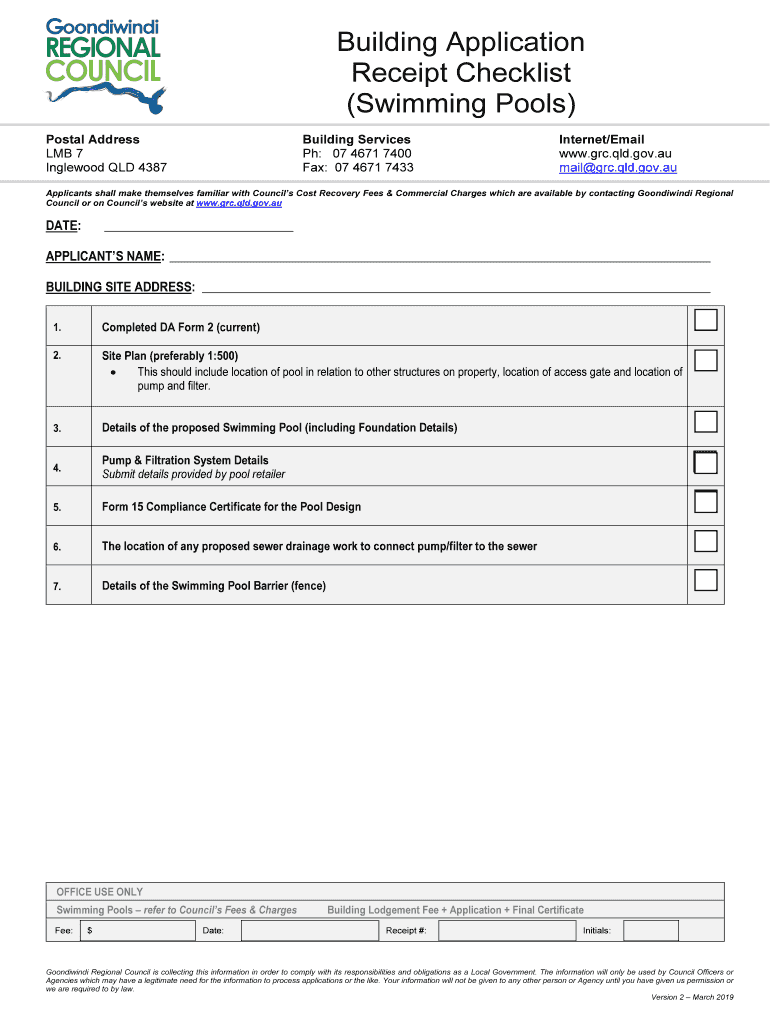 Fillable Online Building Application Receipt Checklist (Swimming Pools ...