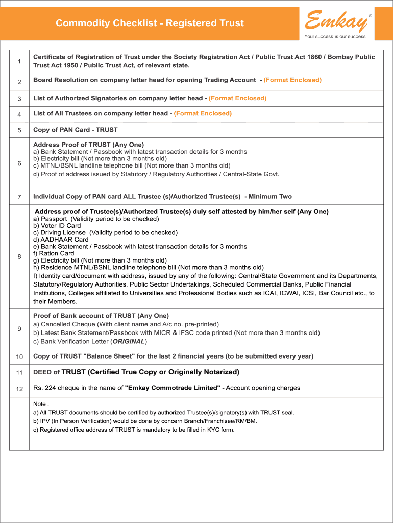 Fillable Online Commodity Checklist - Registered Trust - Emkay Global ...