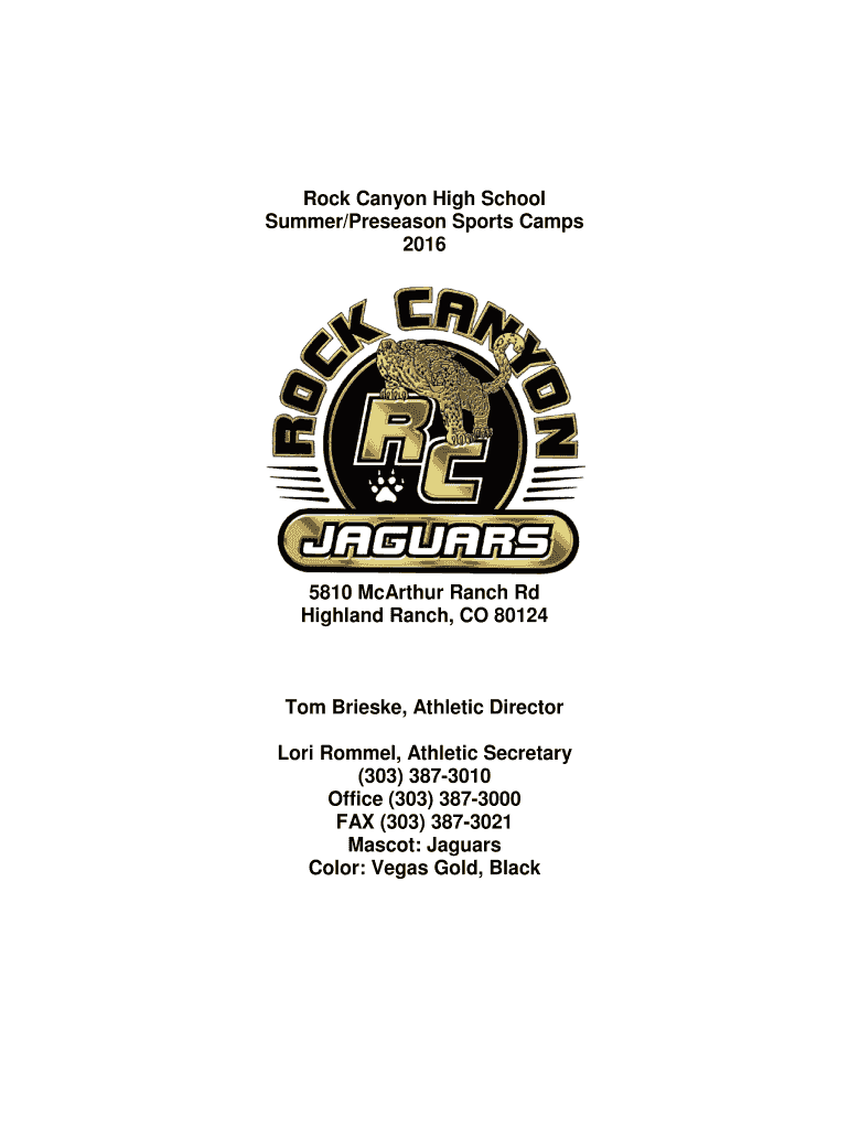 Fillable Online Rock Canyon High School Summer/Preseason Sports Camps ...