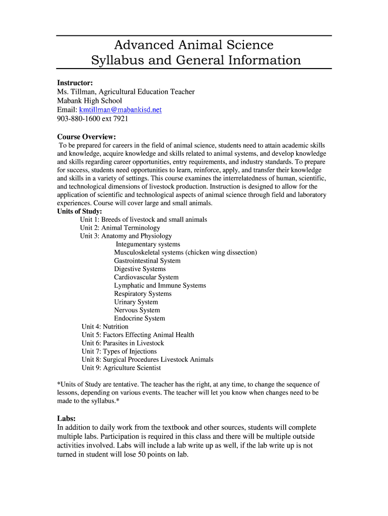 Fillable Online schools mabankisd Advanced Animal Science Syllabus and ...