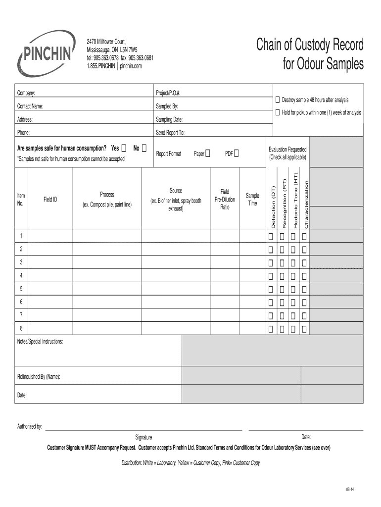 Fillable Online Odour Sampling Chain Custody Form - Pinchin Ltd. Fax ...
