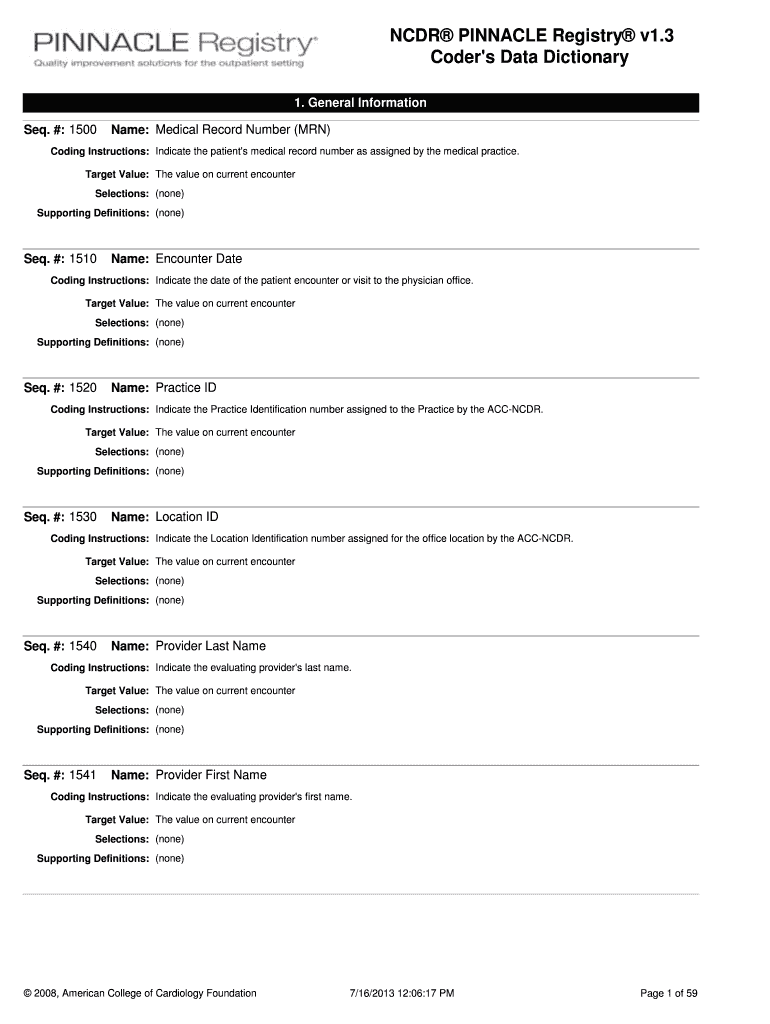 Fillable Online NCDR PINNACLE Registry v1.3 Coder's Data Dictionary Fax ...