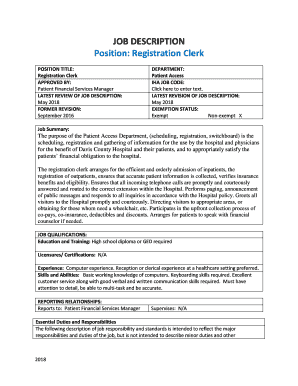 Fillable Online JOB DESCRIPTION Position: Registration Clerk - Davis ...