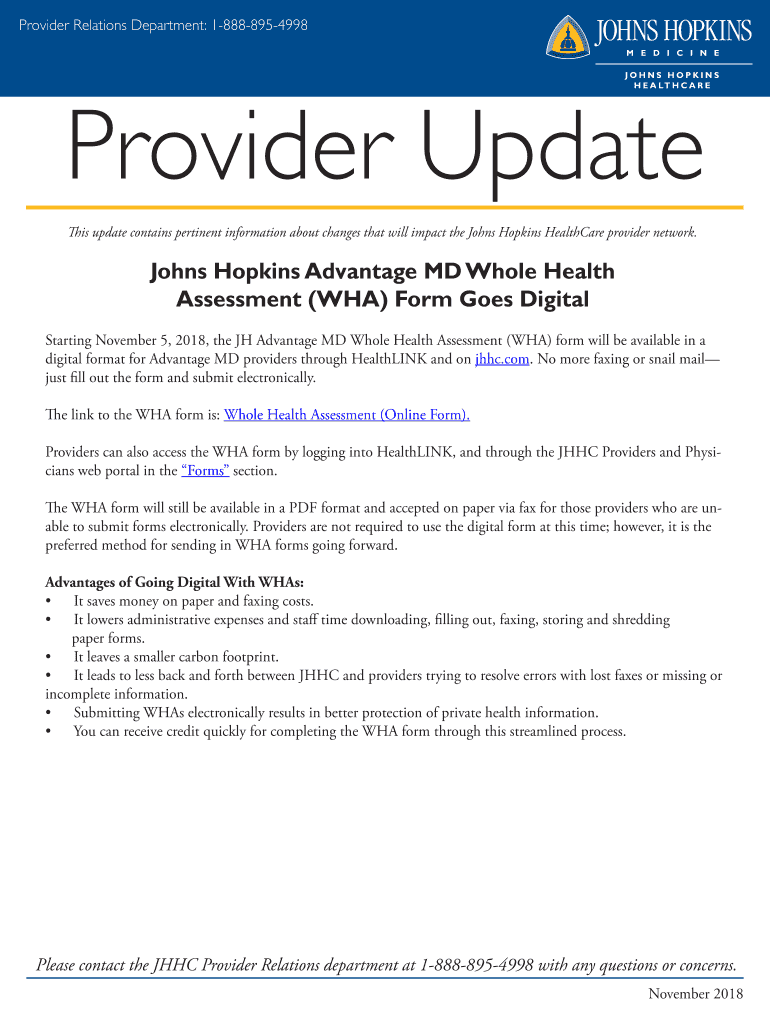 Fillable Online Johns Hopkins Advantage MD Whole Health Assessment (WHA ...