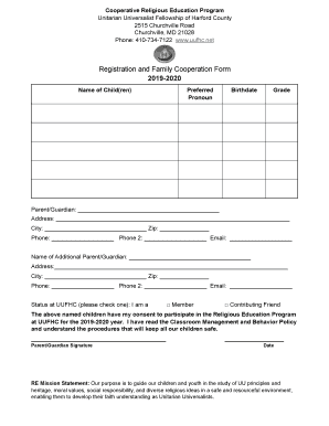 Fillable Online RE Registration and Family Cooperation Form 2019-2020 Fax Email Print - pdfFiller
